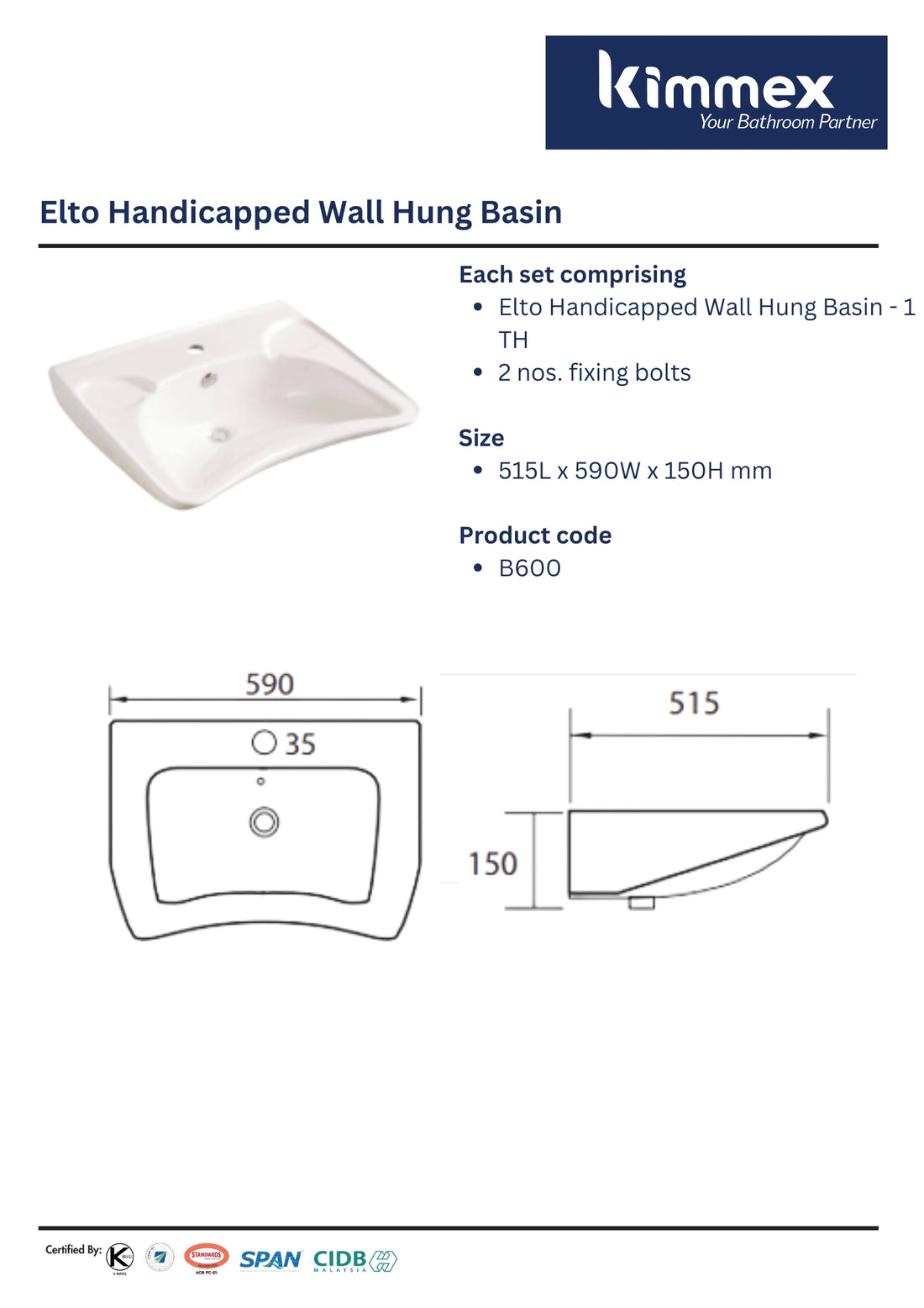 kimmex Elto Handicapped Wall Hung Basin Set (B600) – Kim Company Sdn Bhd